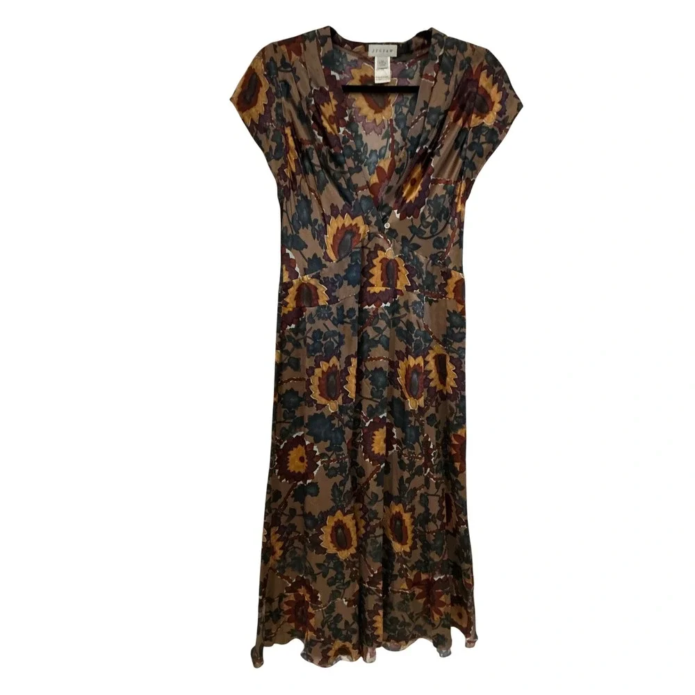 Jigsaw | Dresses | Jigsaw Womens 0 Silk Floral Midi Dress Brown Vneck ...